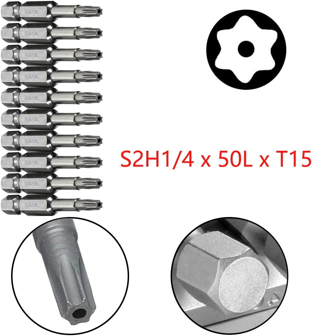 TRA-10pcs 50mm Long 1/4 Inch Hex Shank T15 Torx Head Magnetic Screw Driver Bit Set Security ...