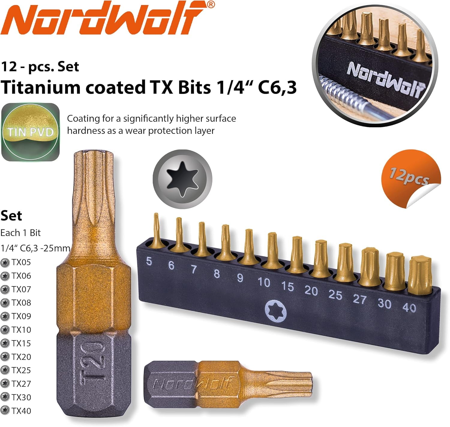 TRA-12-Piece Torx Bit Set, S2 Alloy Steel & Titanium Nitride Coated ...