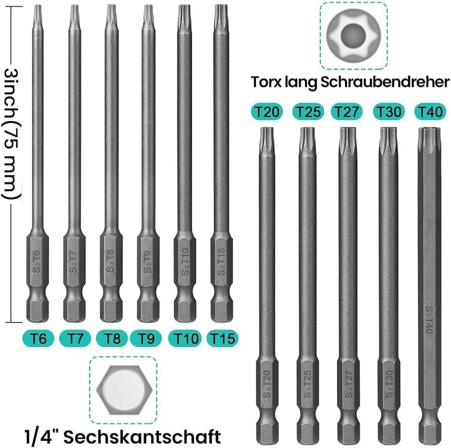 TRA-12 Piece Torx Screwdriver Set T6-T40, 1/4" Magnetic Torx Set with Hole S2 Steel Hex Electric ...