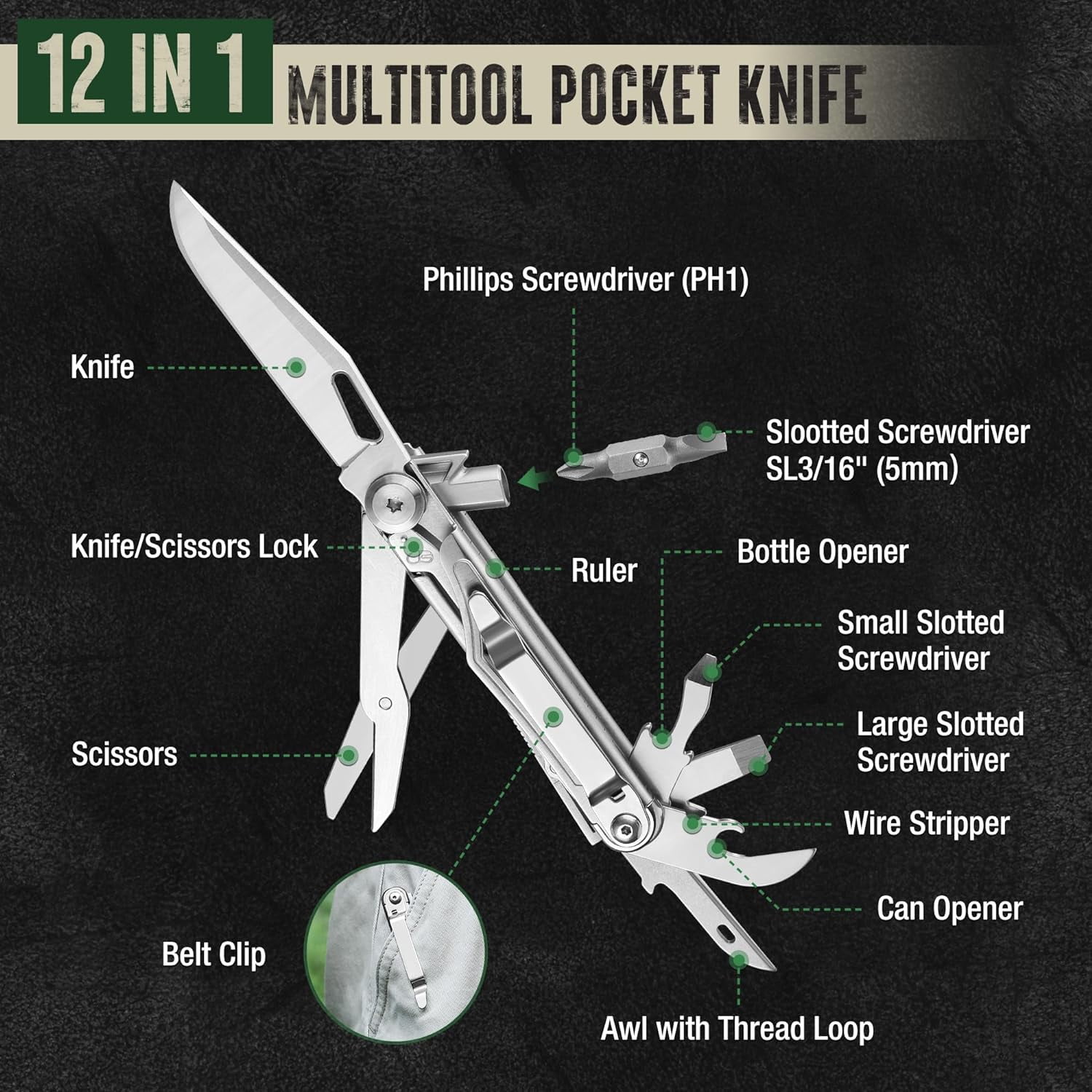 TRA-12-in-1 Multitool Pocket Knife with Pouch, Stainless Steel ...
