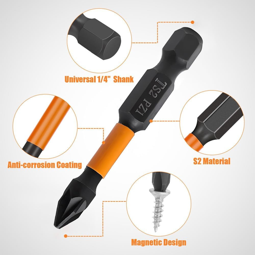 TRA-12pcs 50mm/2" PoziDriv Phillips Screwdriver Bit Set, Magnetic Impact POZI Phillips Bit, 1/4 ...
