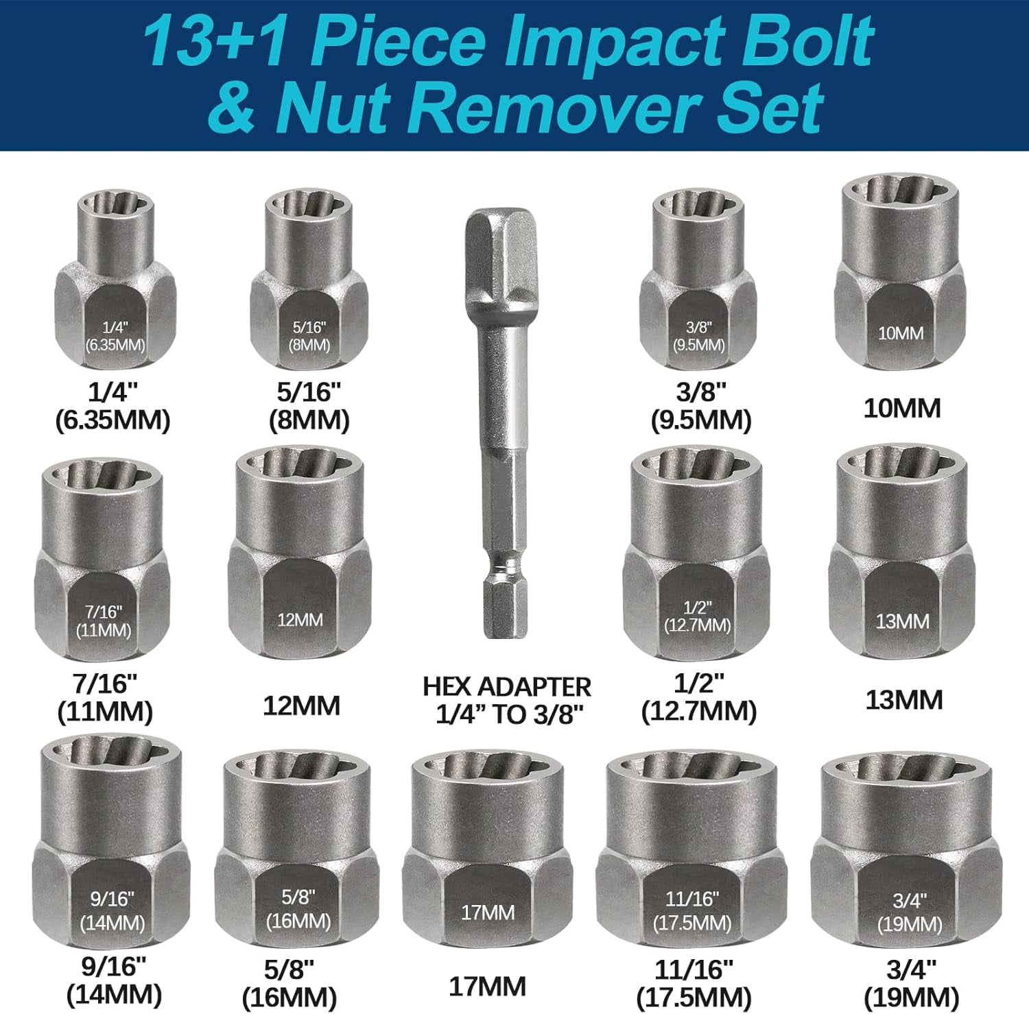 TRA-13+1Pcs Impact Bolt Extractor Kit & Lug Nut Removal Tool, Cr-Mo ...