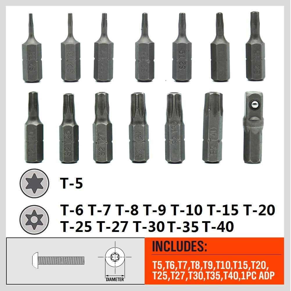TRA-14-Piece Tamper Resistant Star Bits, S2 Alloy Steel, T5 - T40 Security Torx Bit Set ...