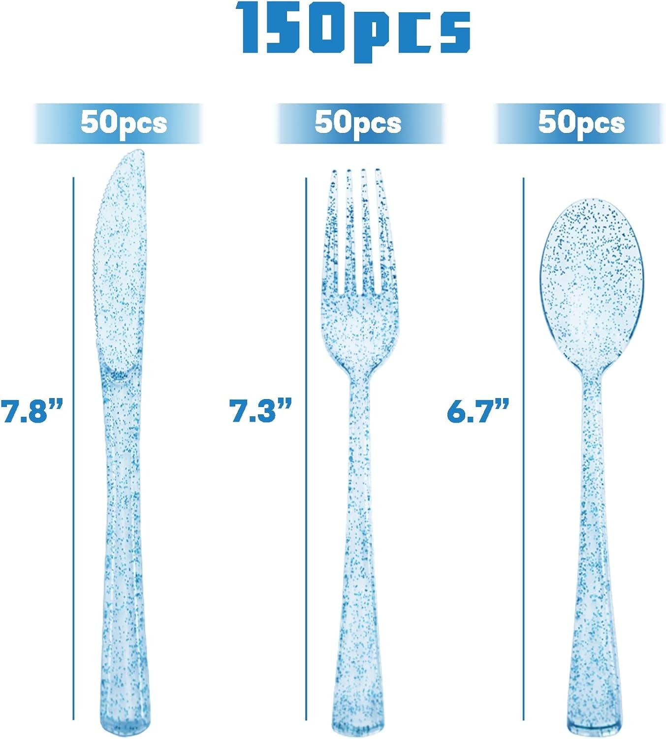 TRA-150 Pack Blue Plastic Silverware, Blue Glitter Silverware Plastic ...