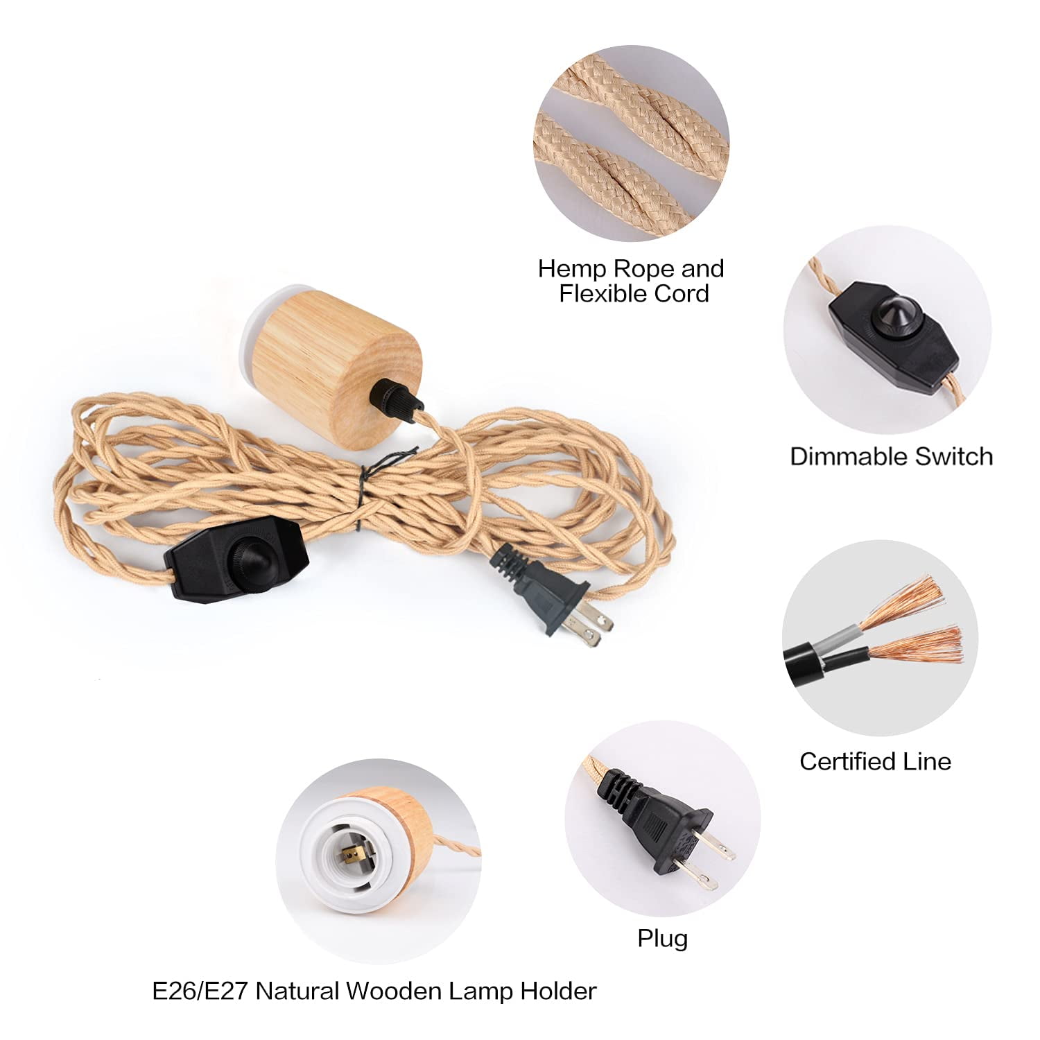 TRA-16.4FT- Wood Pendant Light Cord Kit with Dimmable Switch,Vintage ...