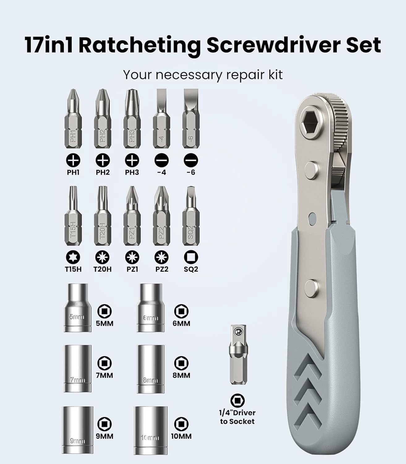 TRA-17in1 Right Angle Ratcheting Screwdriver Set, [Bearing Steel] 36 ...