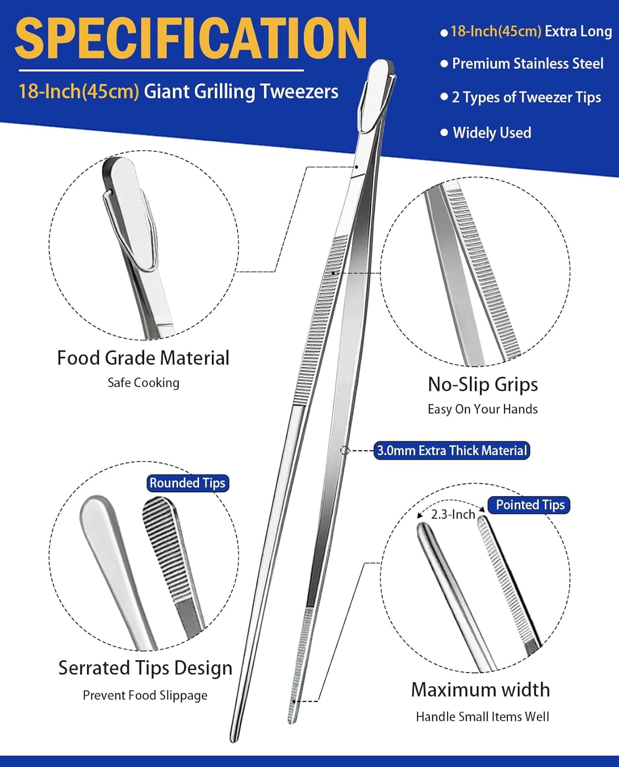 TRA-18 Inch (45cm) Extra Long Barbecue Tongs, Heavy Duty Giant Tweezer ...
