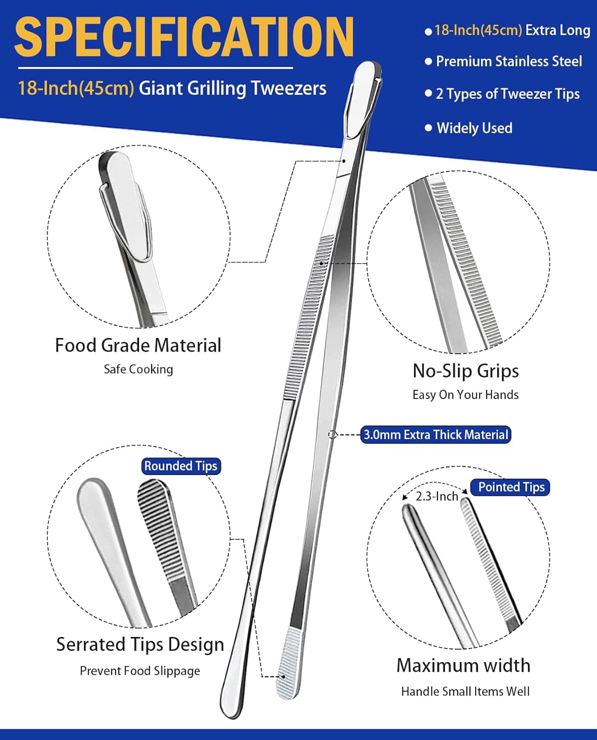 TRA-18 Inch (45cm) Extra Long Barbecue Tongs, Heavy Duty Giant Tweezer ...