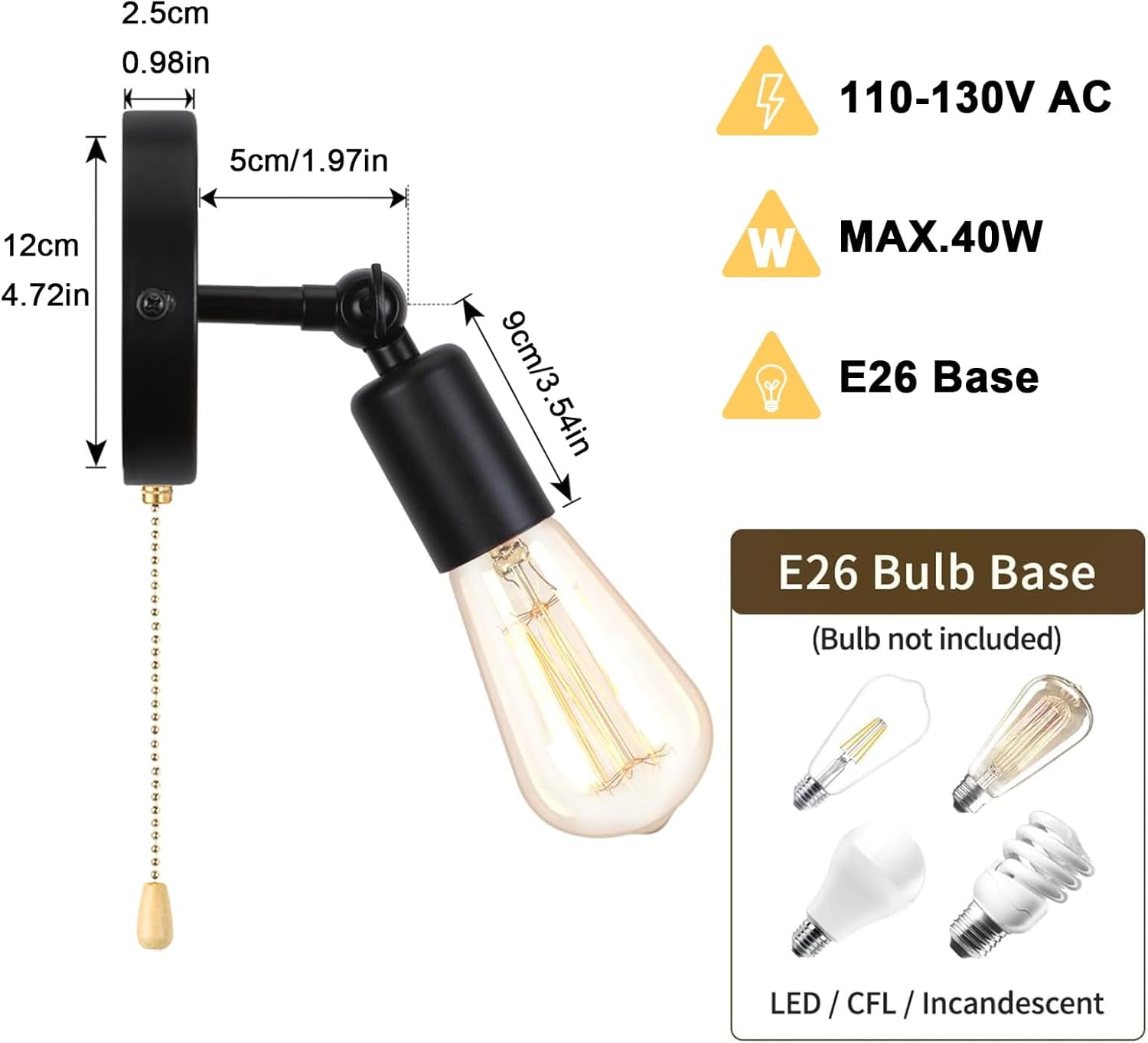 TRA-2-Pack Hardwired Wall Sconce with Switch, Black Pull Chain Wall ...