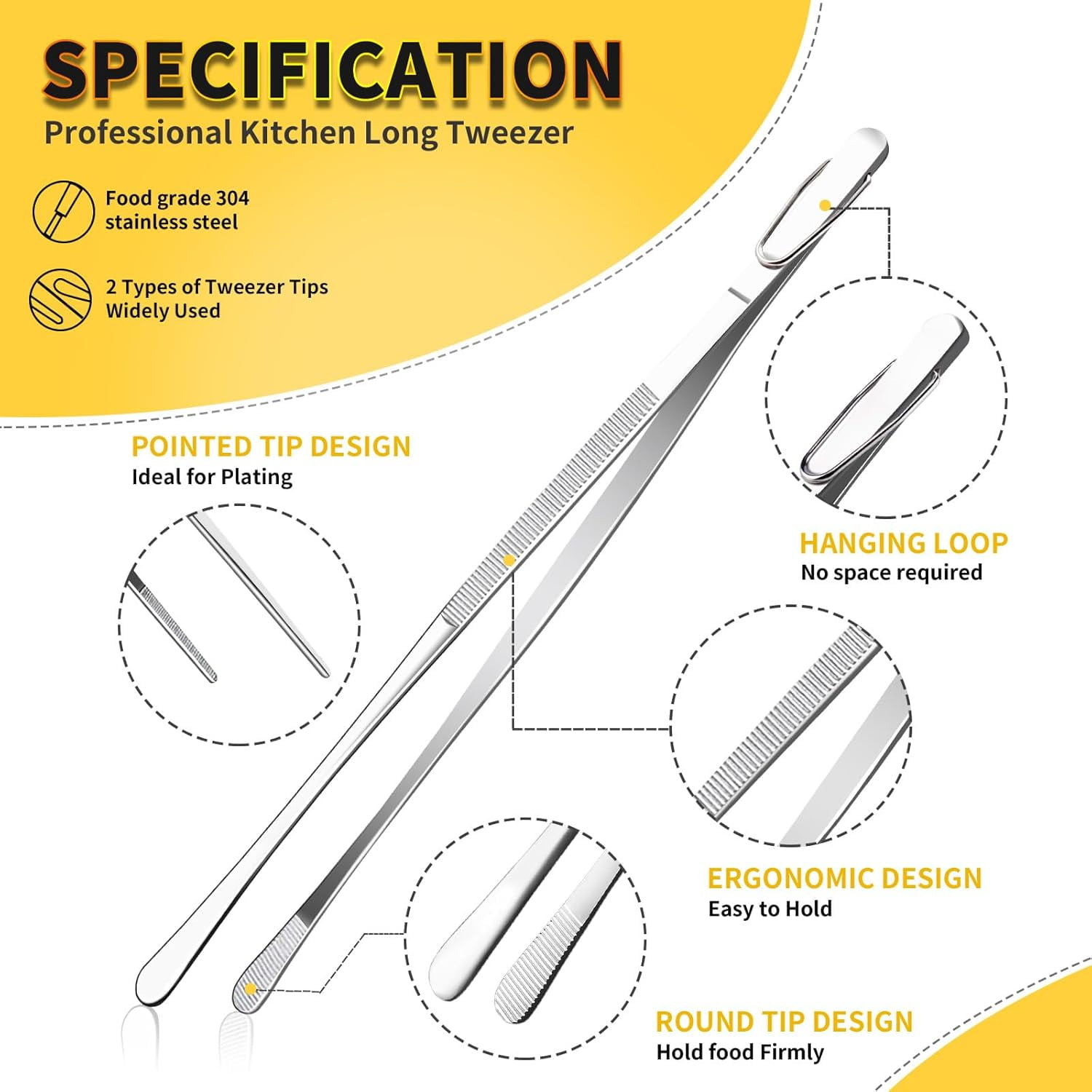 TRA-2 Pcs 12 Inch Fine Kitchen Stainless Steel Cooking Tweezers with ...