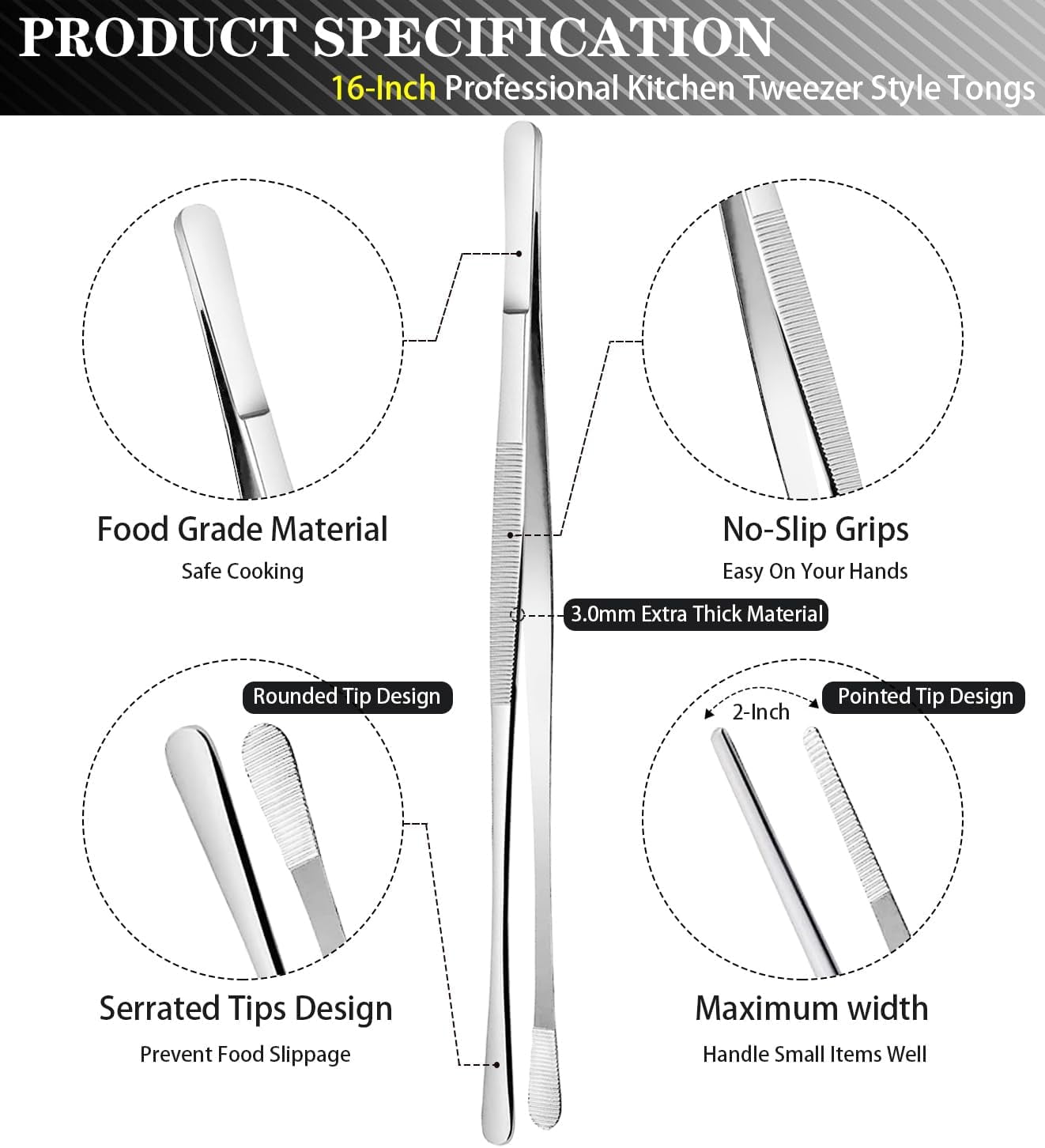 TRA-2 Pcs 16-Inch Cooking Tweezers Stainless Steel, Straight Food Tweezers, Professional Kitchen ...