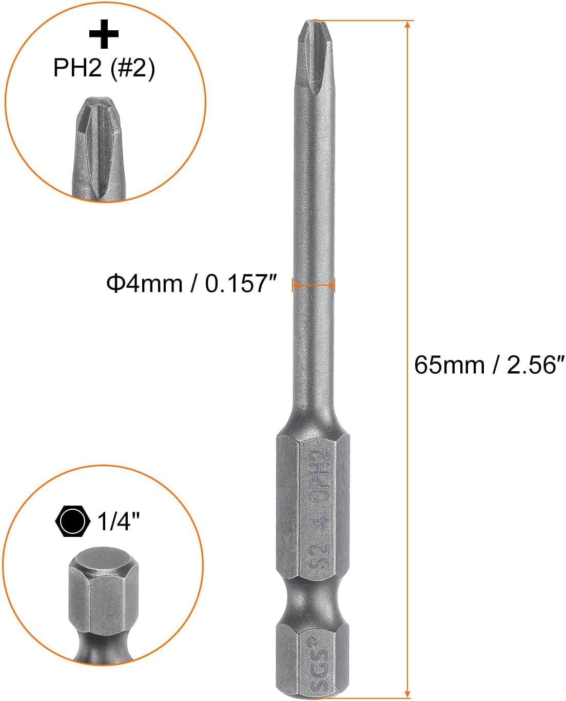 TRA-#2 Phillips Screwdriver Bit PH2 1/4" Hex Shank 2.56" (65mm) Long ...