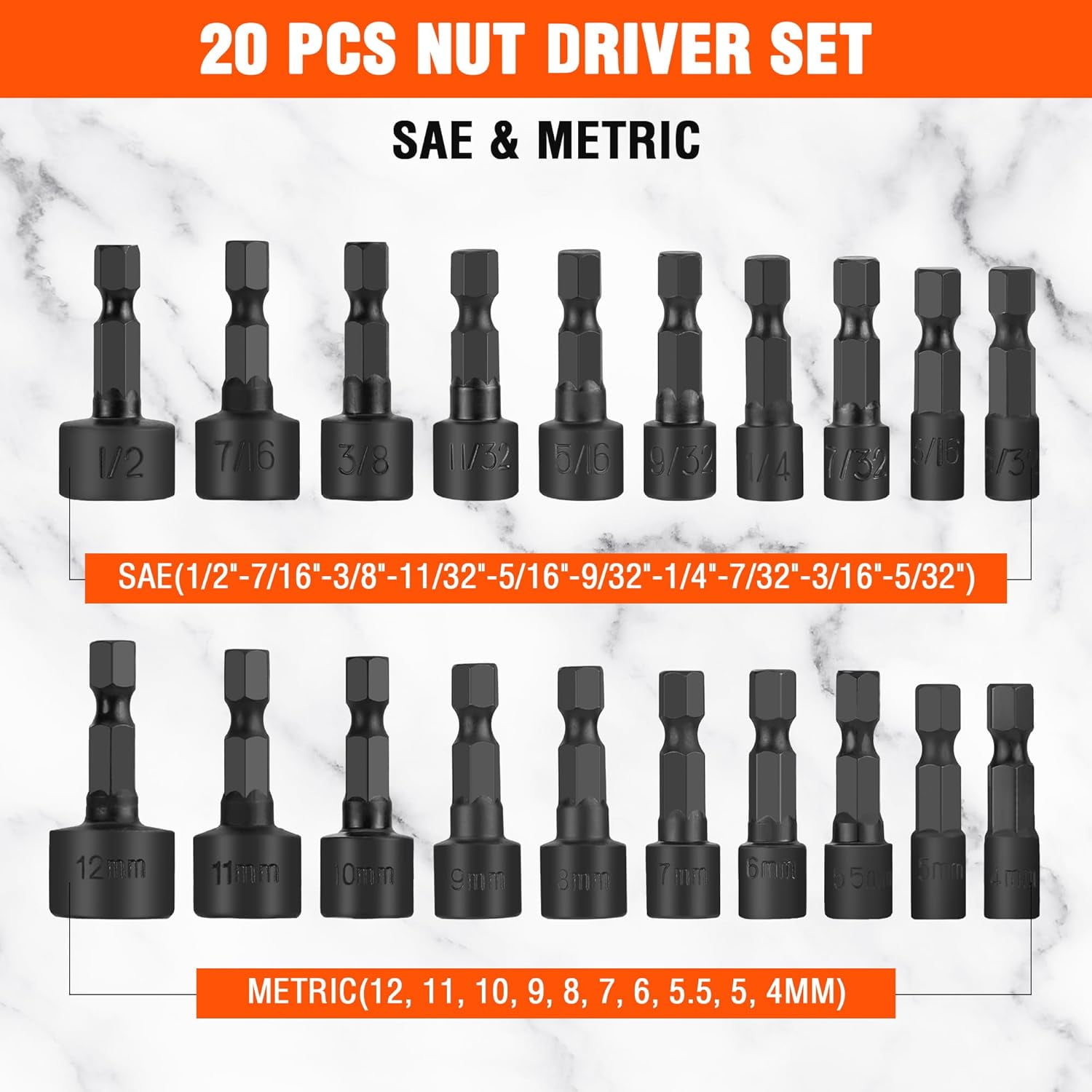 TRA-20 PCS Power Nut Driver Set for Impact Drill, 1/4” Hex Head Drill ...