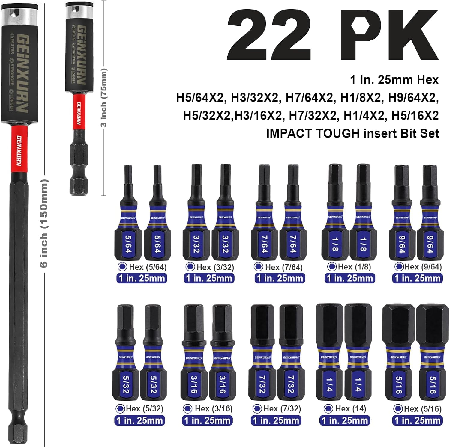 TRA-20Pieces 1 In. Hex Head Impact Tough Magnetic Allen Wrench Drill ...