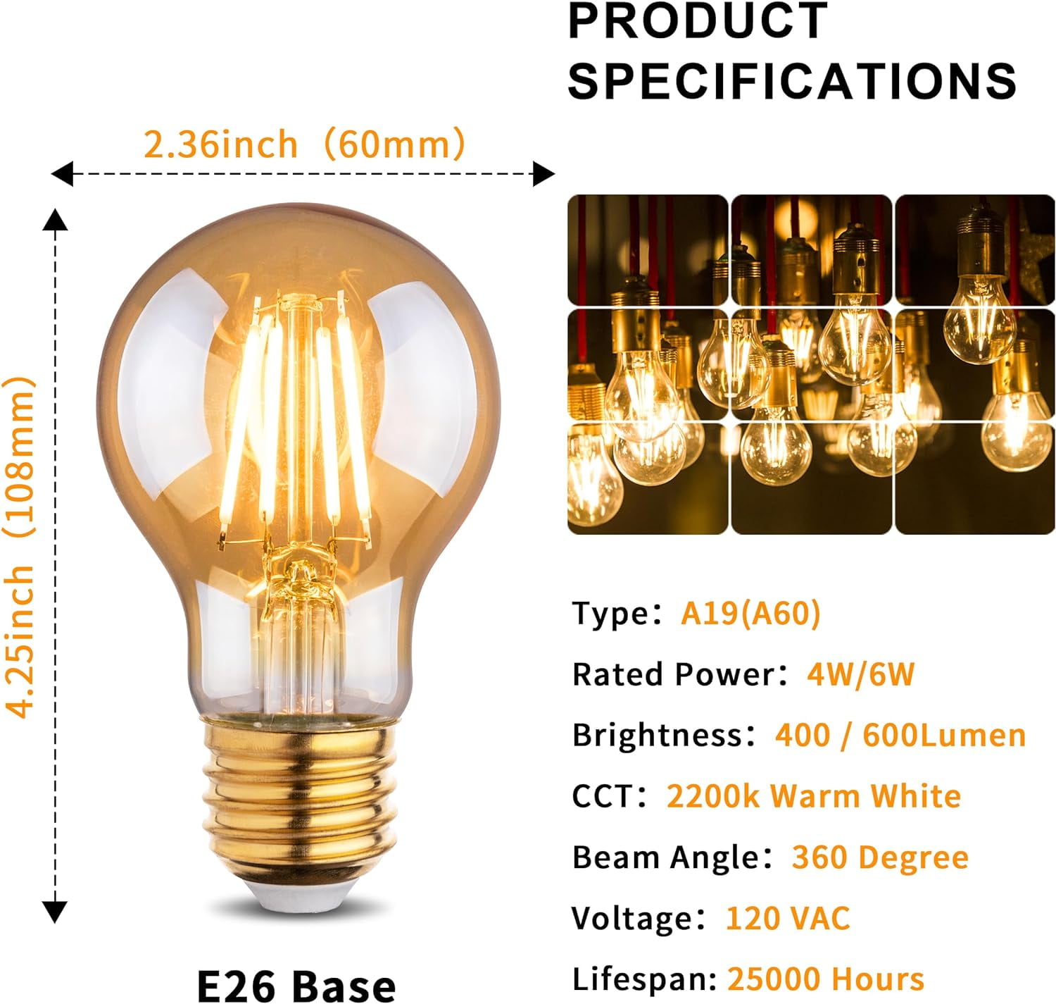 TRA-2200k Led Light Bulb,Vintage A19 Edison Bulbs,Dimmable Amber Warm ...