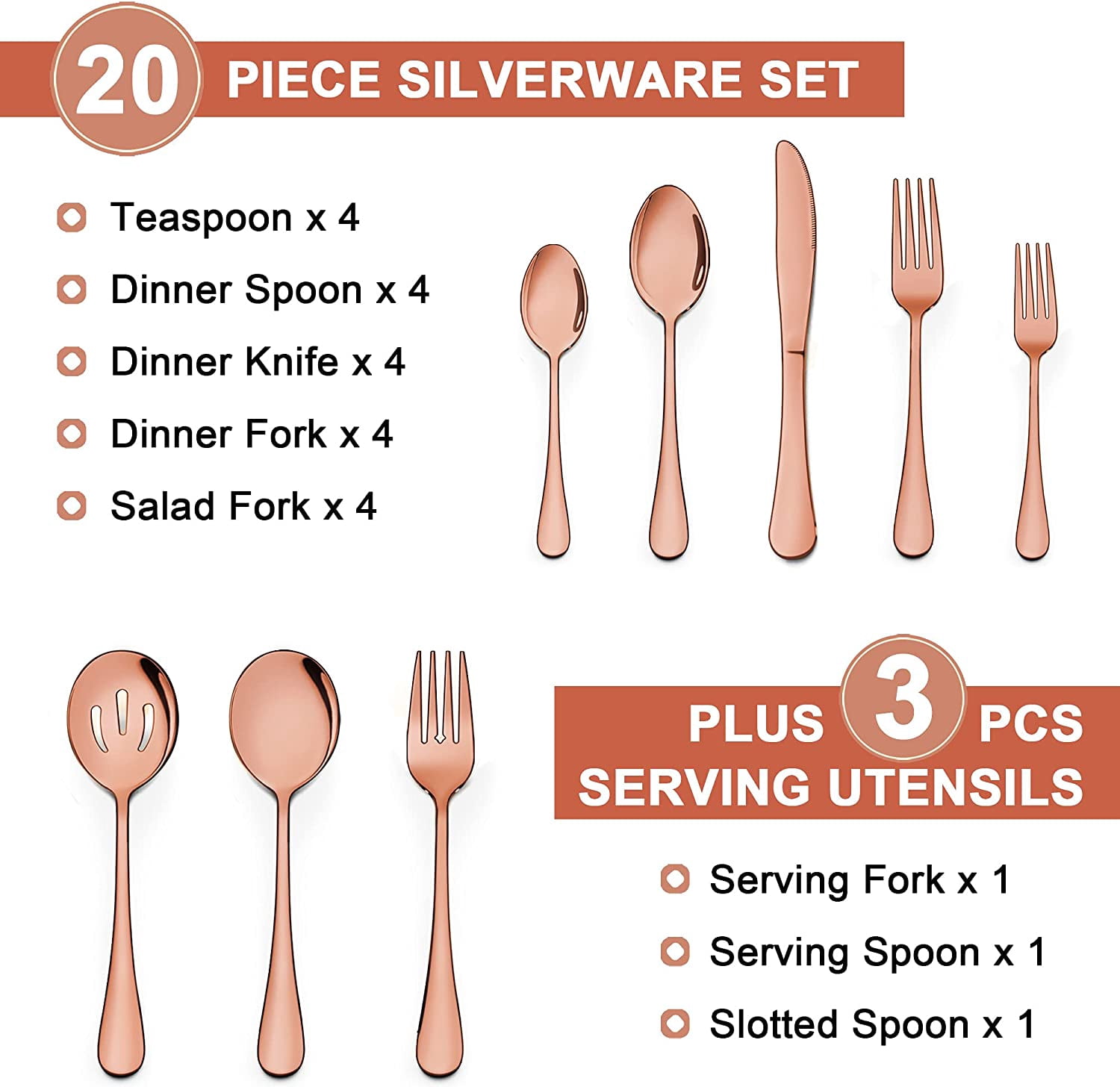 TRA-23-Piece Copper Silverware Set with Serving Utensils, Stainless ...