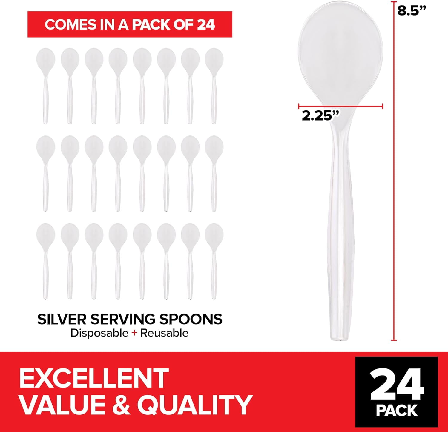 TRA-24 Count 10-Inch Disposable Serving Spoons, Silver Plastic Serving ...