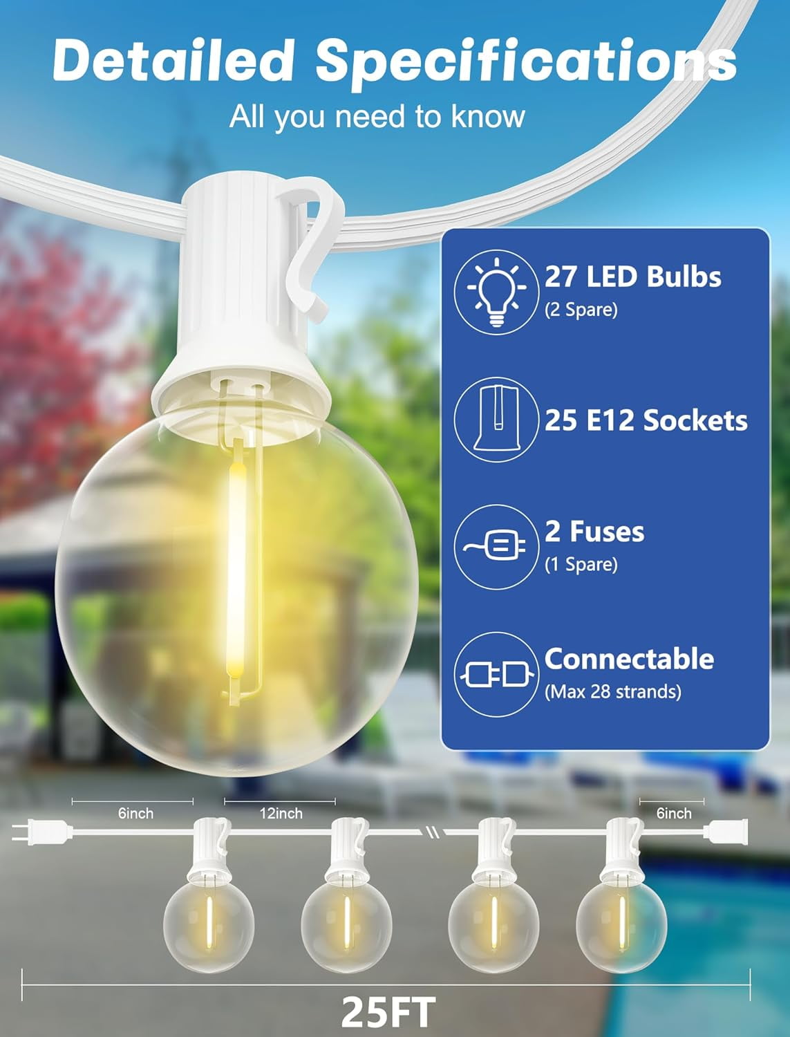 TRA-25FT G40 LED White Outdoor String Lights, White Patio Lights with ...