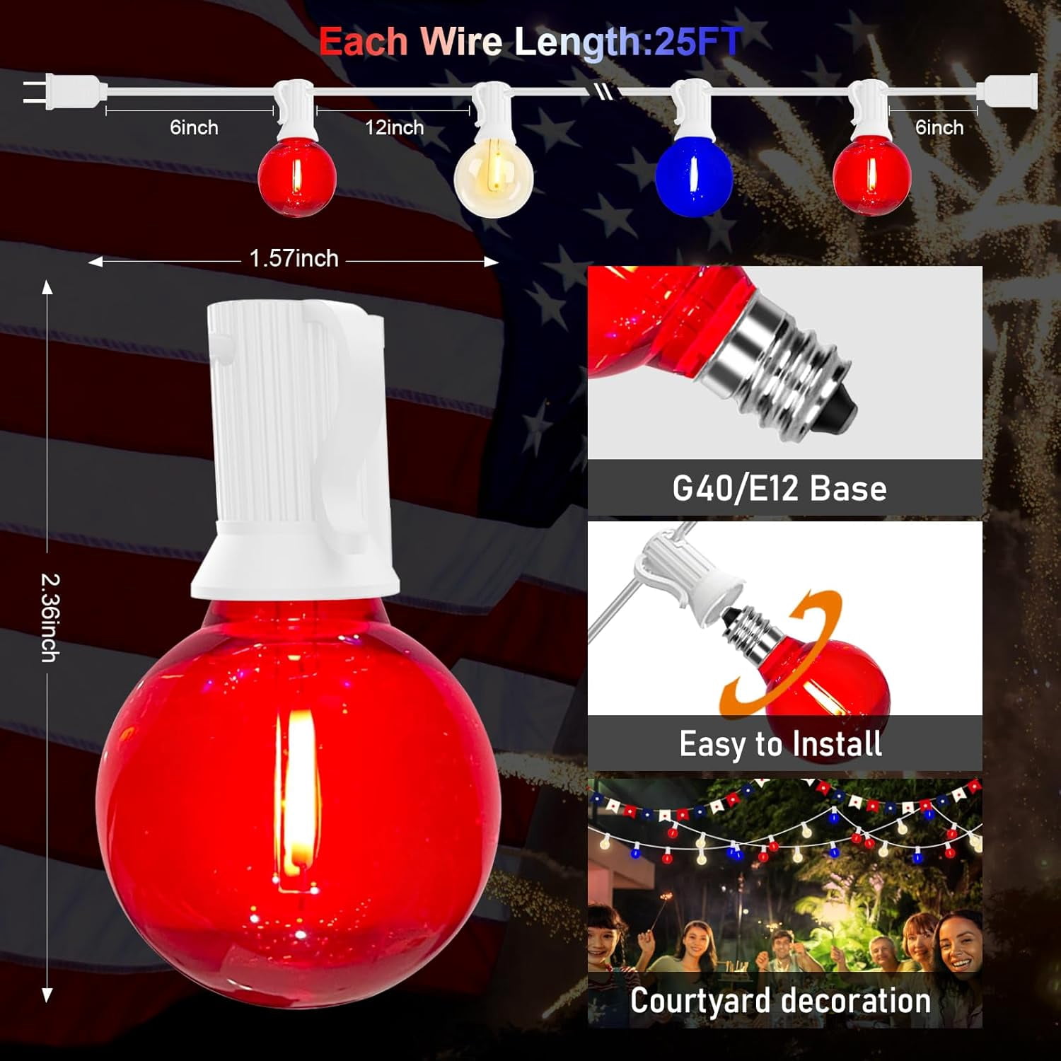 TRA-25Ft G40 LED Outdoor String Lights with 27 LED Red White and Blue ...