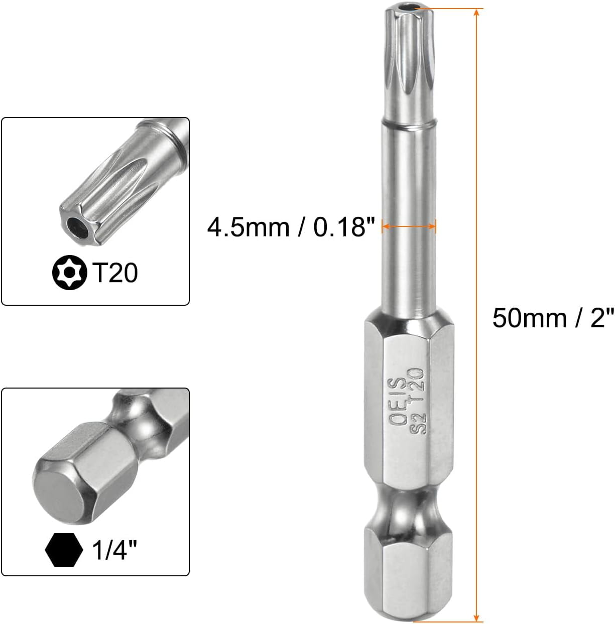 TRA-2pcs T20 Security Torx Bit 1/4" Hex Shank 2" Long S2 Steel Magnetic ...