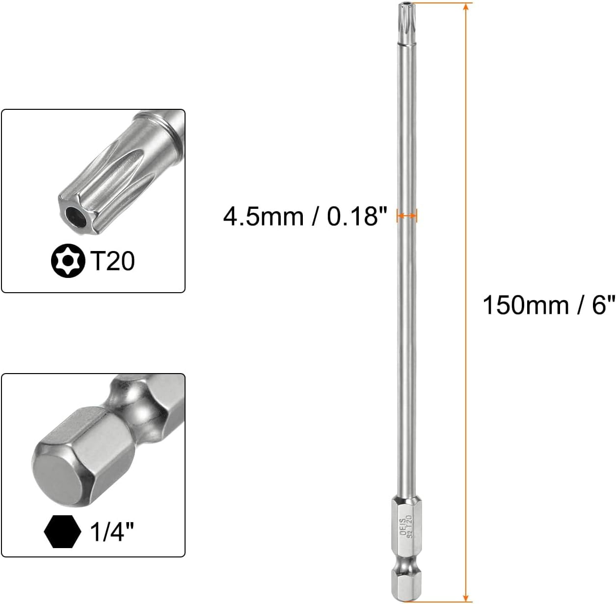 TRA-2pcs T20 Security Torx Bit 1/4" Hex Shank 6" Long S2 Steel Magnetic ...