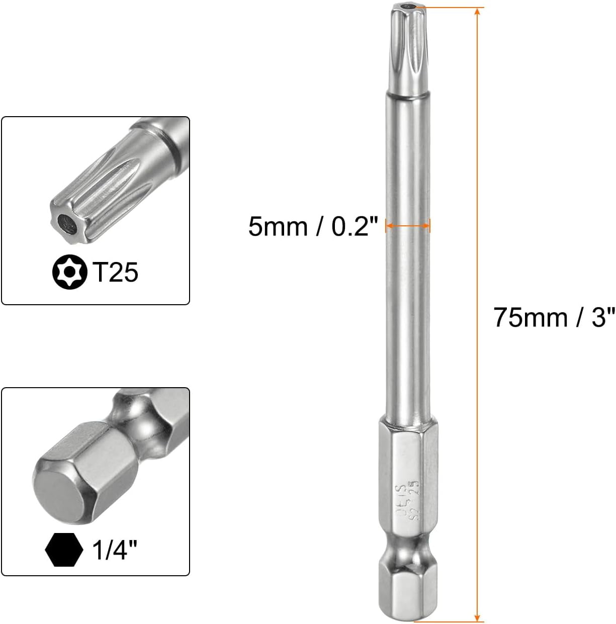 TRA-2pcs T25 Security Torx Bit 1/4" Hex Shank 3" Long S2 Steel Magnetic Tamper Resistant Star ...