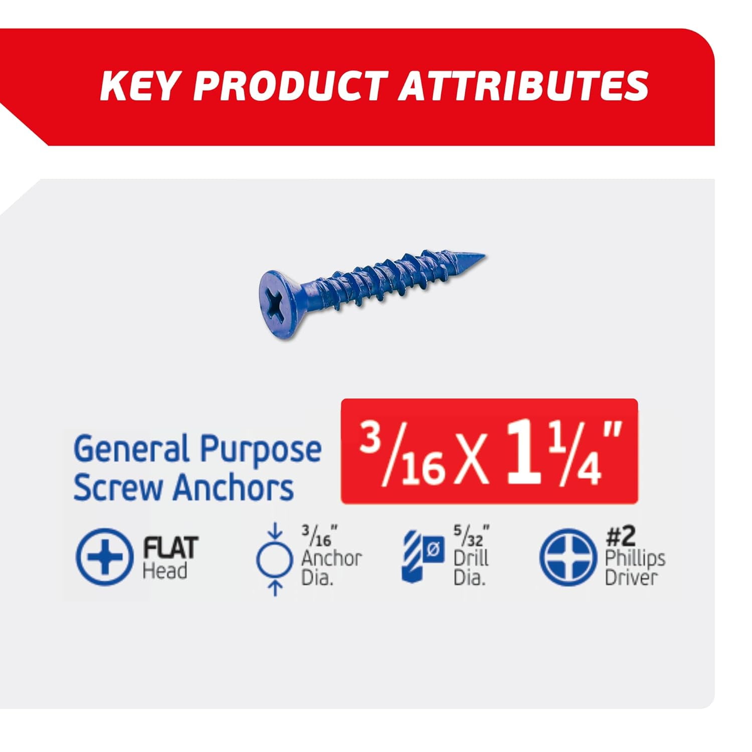 TRA-3/16 x 1-1/4" Countersunk Phillips Flat Head Blue Concrete Screw Anchors (100 pcs Screw Kit ...