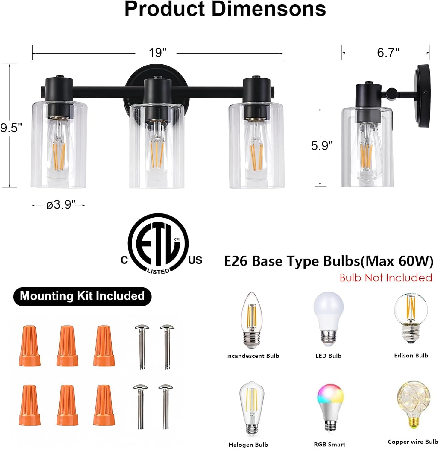 TRA-3 Light Bathroom Wall Light Fixtures Black Bathroom Wall Sconce ...