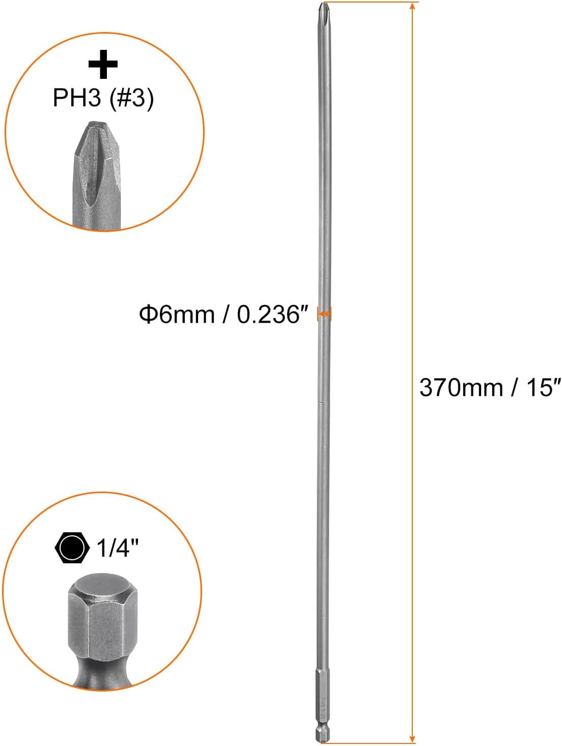 TRA-#3 Phillips Screwdriver Bit PH3 1/4" Hex Shank 15" (370mm) Long ...
