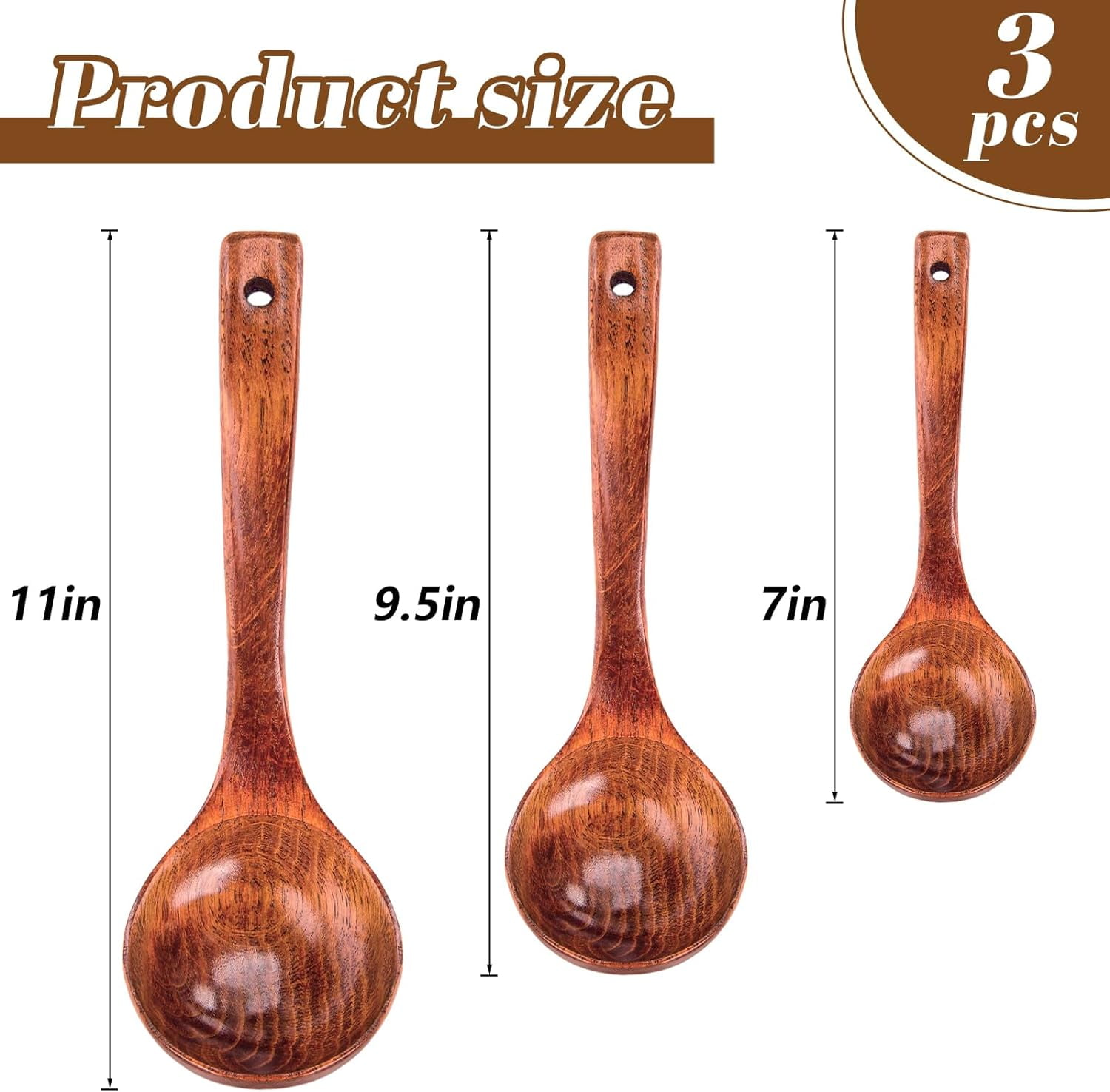 TRA-3PCS Wooden Ladle Spoon Set, Non-Stick Wooden Spoons Soup Cooking ...