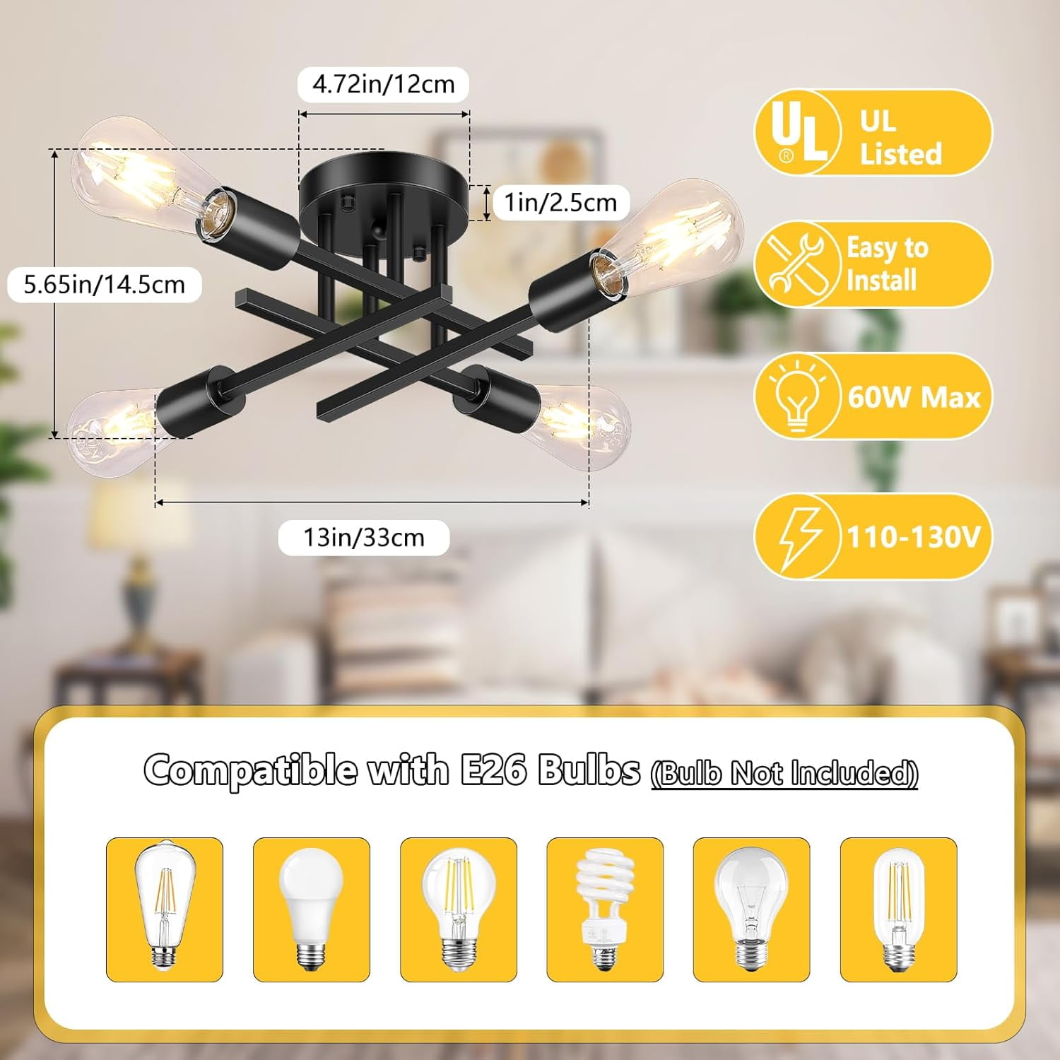 TRA-4-Light Hallway Semi Flush Mount Light Fixtures, Farmhouse Black ...