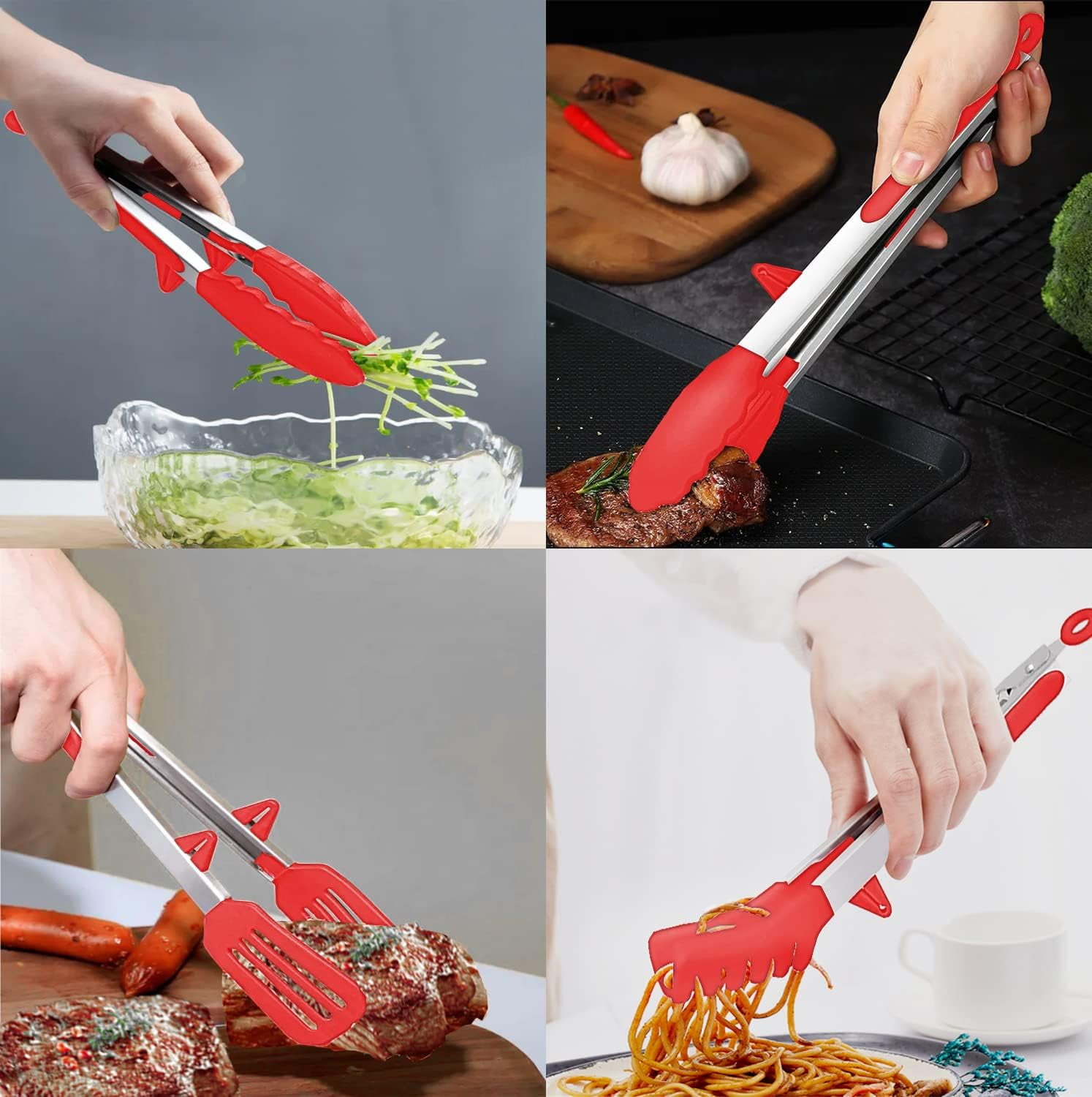 TRA-4 Pack Silicone Kitchen Cooking Tongs Set, Stainless Steel Nonstick ...