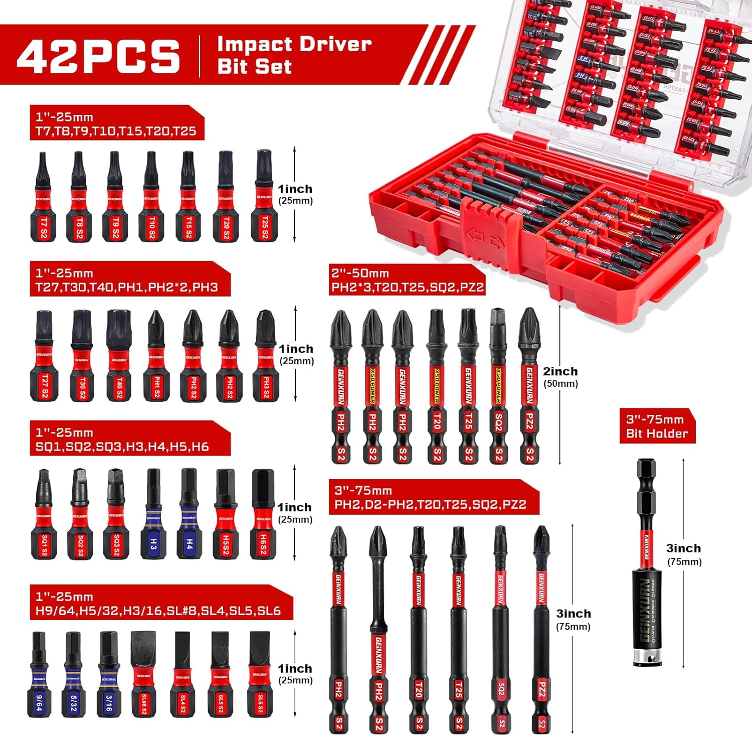 TRA-42Pieces Impact Screwdriver Bits Set, Magnetic S2 Steel Phillips ...
