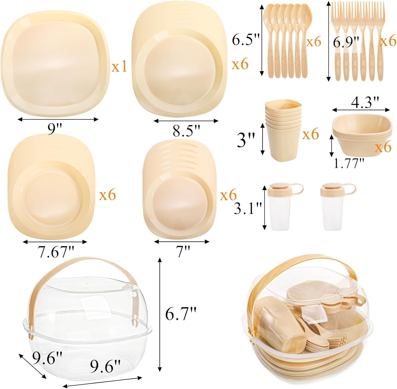TRA-46 Pack Camping Dinnerware Set for 6 Portable, Reusable Plastic ...