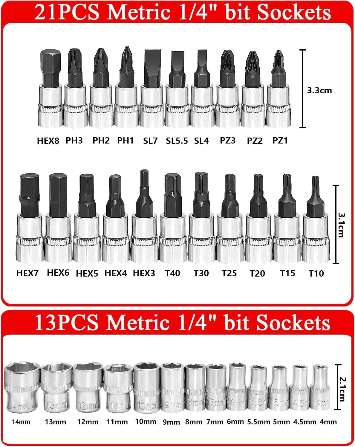 TRA-46PCS Drive Socket Ratchet Wrench Screwdriver Set, 1/4 Inch Metric ...