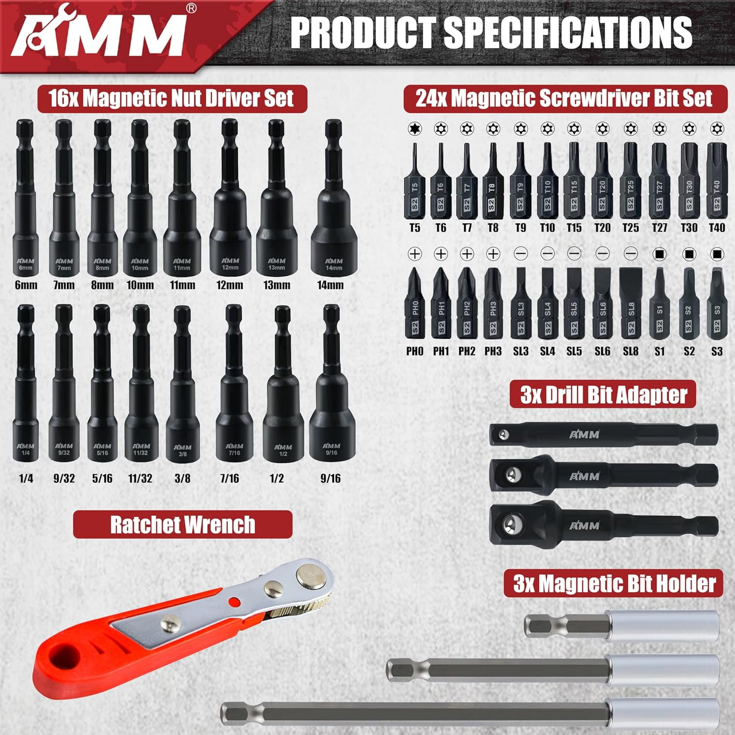 TRA-47PCS Magnetic Nut Driver & Screwdriver Bit Set, Includes Nut ...