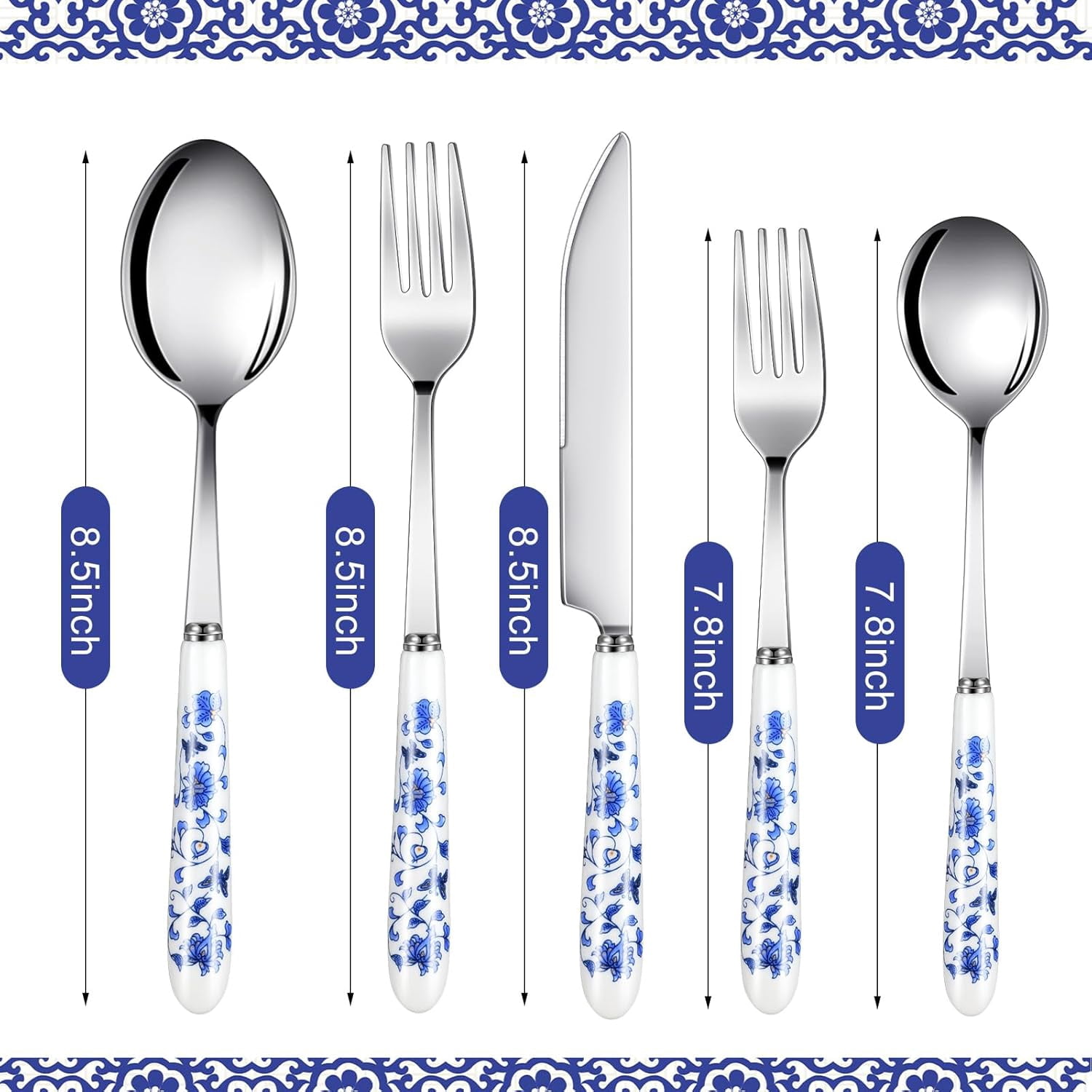 TRA-5 Pcs Chinoiserie Silverware Set Blue and White Porcelain ...