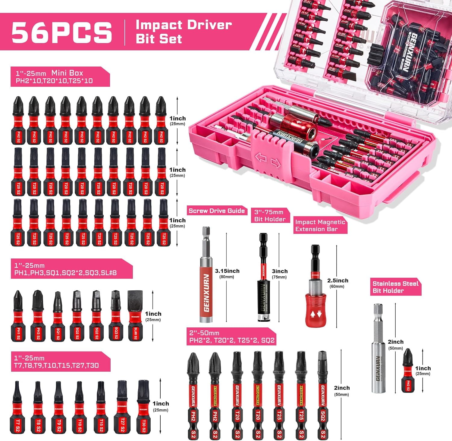 TRA-56Pieces Impact Screwdriver Bits Set, Magnetic S2 Steel Phillips/Slotted/Square/Torx Insert ...