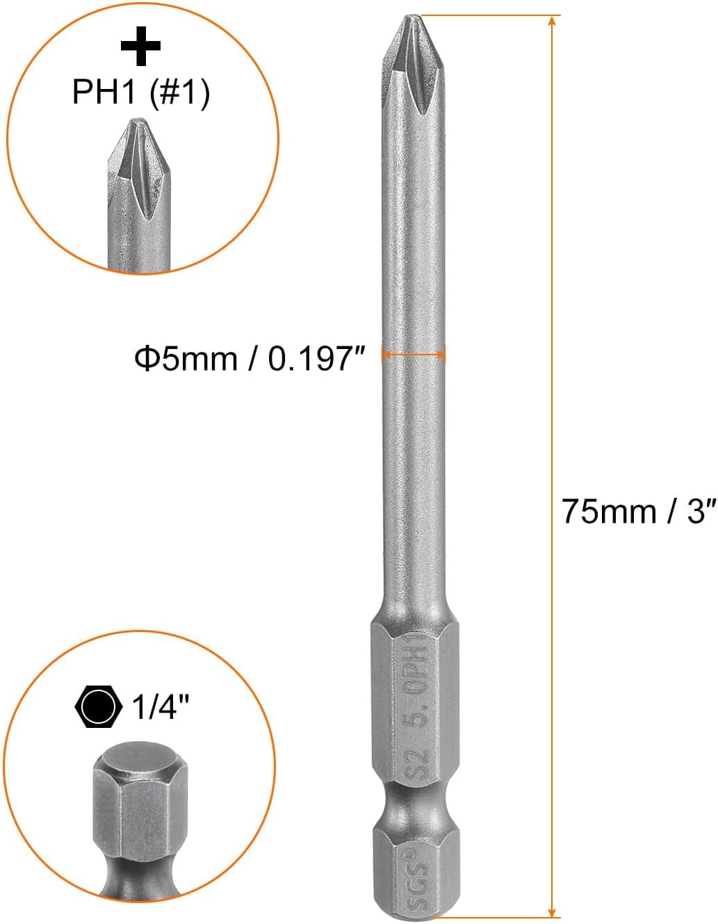 TRA-5pcs #1 Phillips Screwdriver Bit PH1 1/4" Hex Shank 3" (75mm) Long ...
