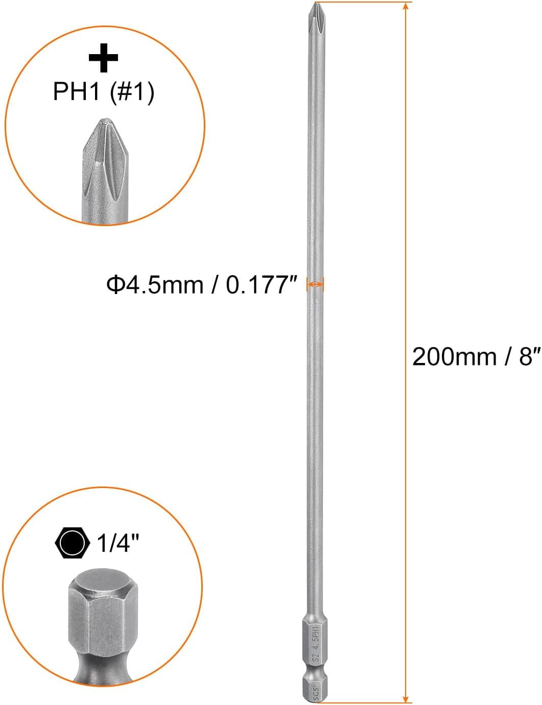 TRA-5pcs #1 Phillips Screwdriver Bit PH1 1/4" Hex Shank 8" (200mm) Long ...