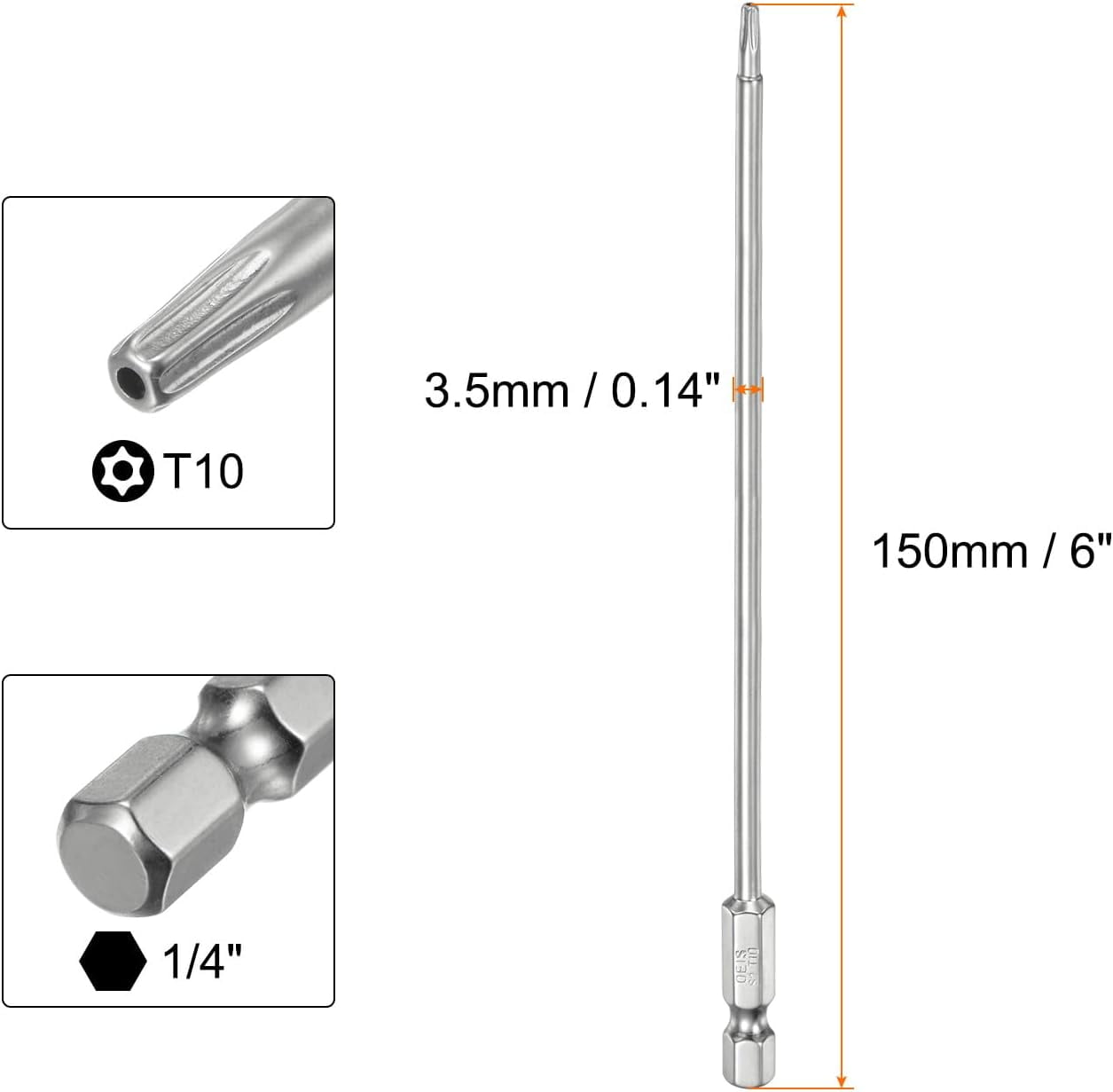 TRA-5pcs T10 Security Torx Bit 1/4" Hex Shank 6" Long S2 Steel Magnetic ...