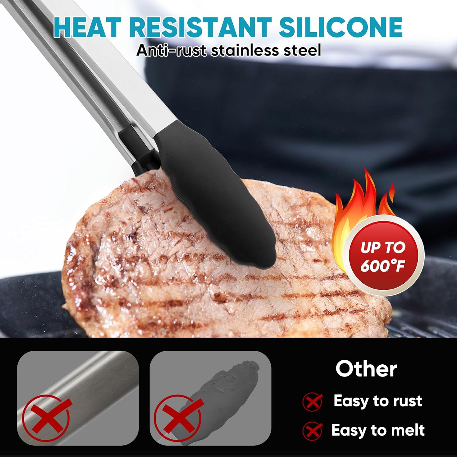 TRA-600℉ Heat Resistant Kitchen Tongs for Cooking with Silicone Tips ...