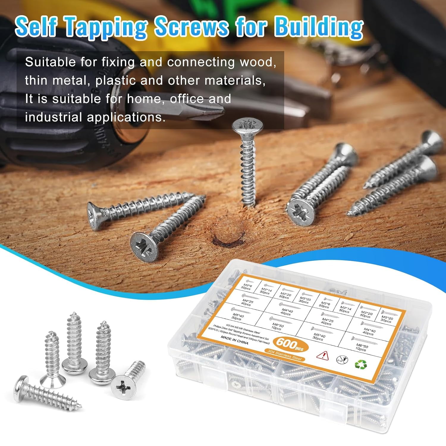 TRA-600PCS M3 M4 M5 M6 Stainless Steel Wood Screws Assortment Kit, 16 ...