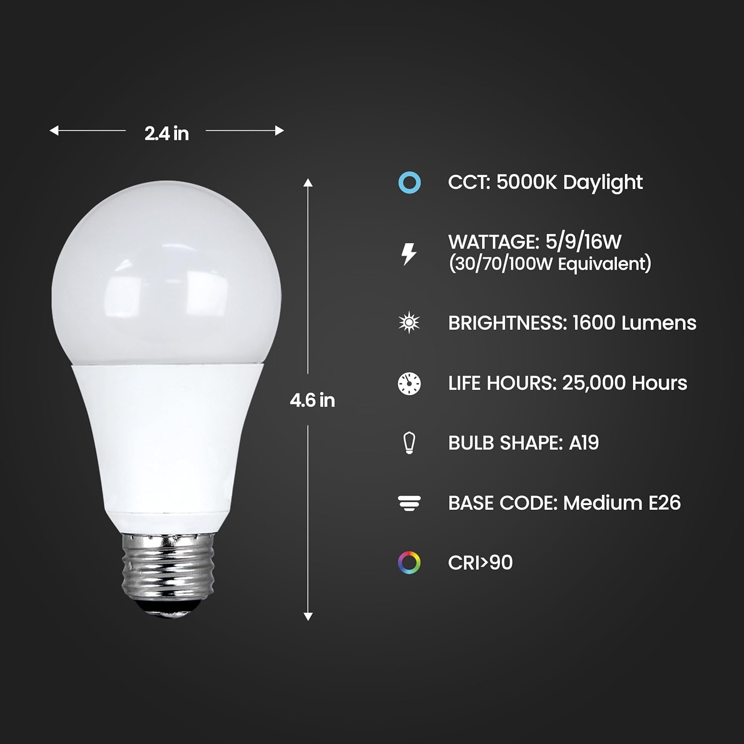 TRA-A19 LED Light Bulb, 3-Way Adjustable Wattage 30/70/100W Equivalent ...