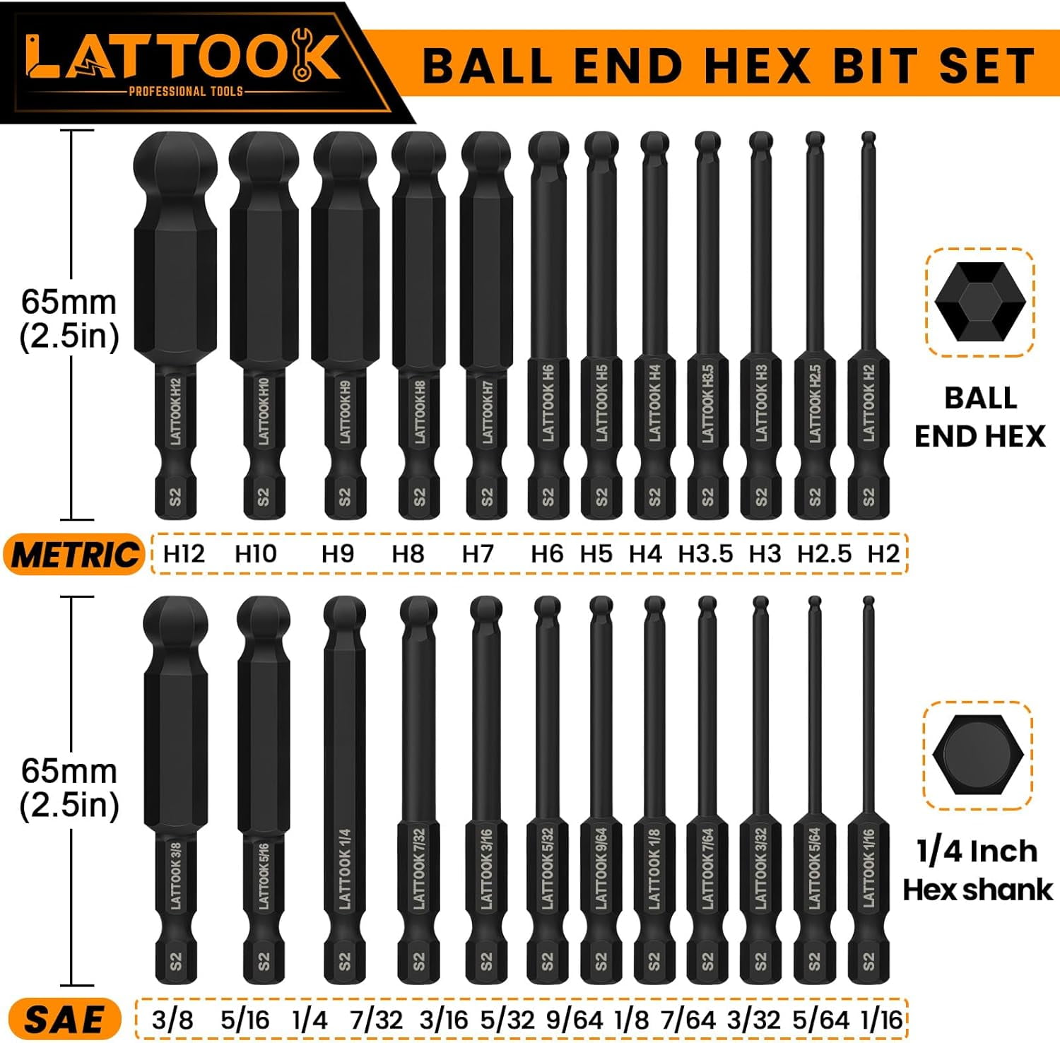 TRA-Ball End Hex Head Allen Wrench Drill Bit Set (24PCS Metric & SAE), 1/4" Quick Release Shank ...