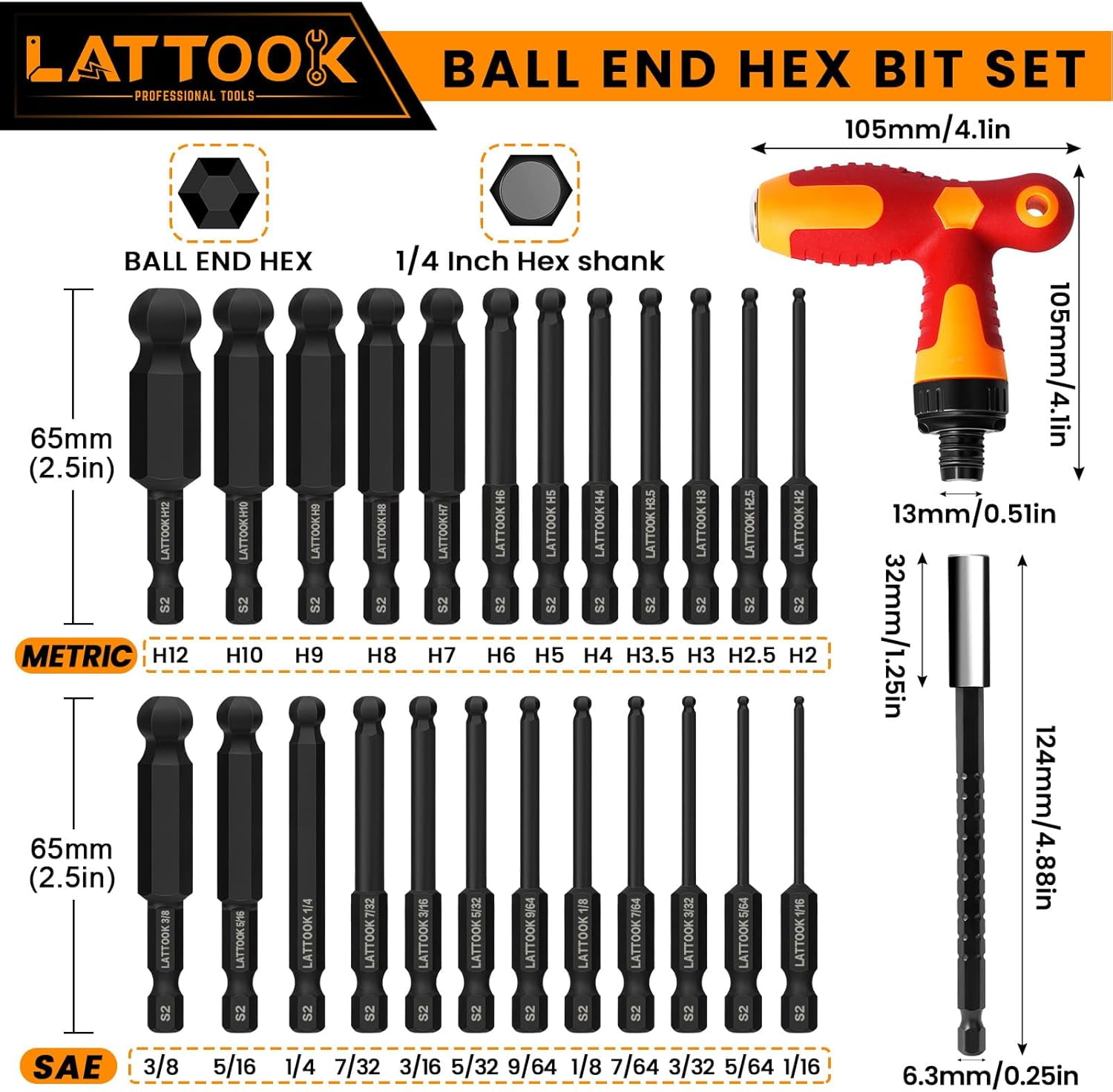 TRA-Ball End Hex Head Allen Wrench Drill Bit Set with T Handle Ratchet Driver, Ball End Hex Bit ...