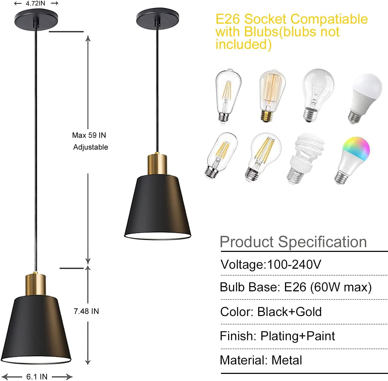 TRA-Black Pendant Light Kitchen Island Mini Pendant Lighting with 59in ...