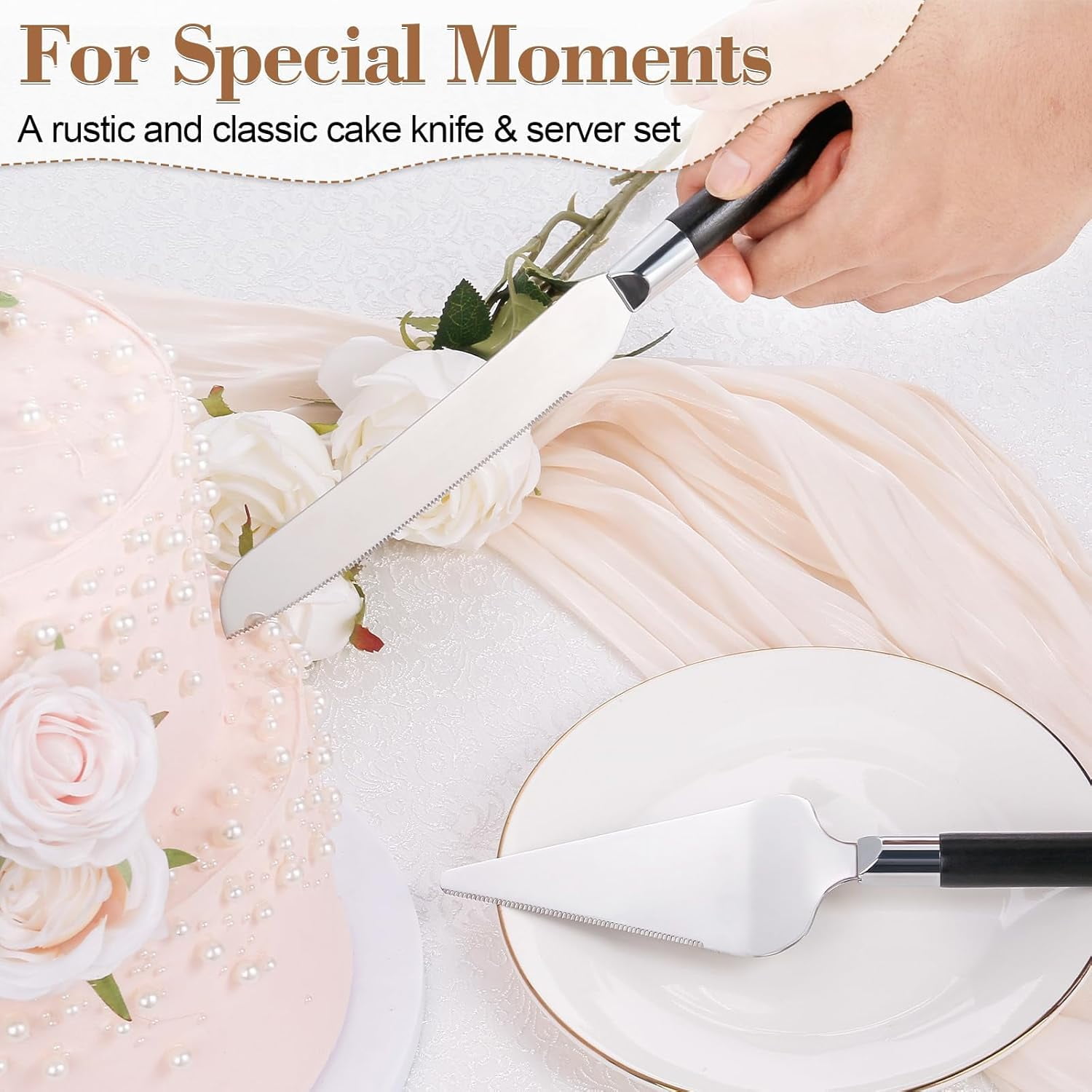 TRA-Cake Cutting Set for Wedding, Wood Cake Knife and Server Set, Vintage 2-Piece Pie Cake ...