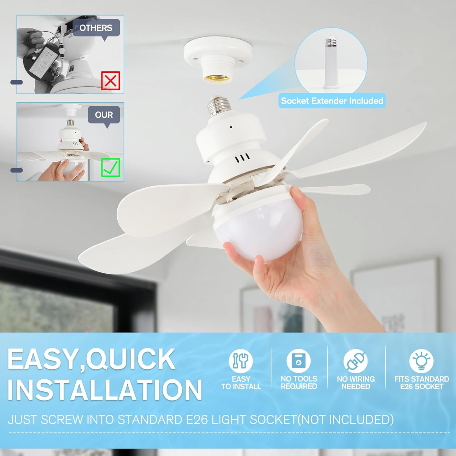 TRA-Ceiling Fan Light, Cordless Small Ceiling Fan Light with Remote, 3 ...