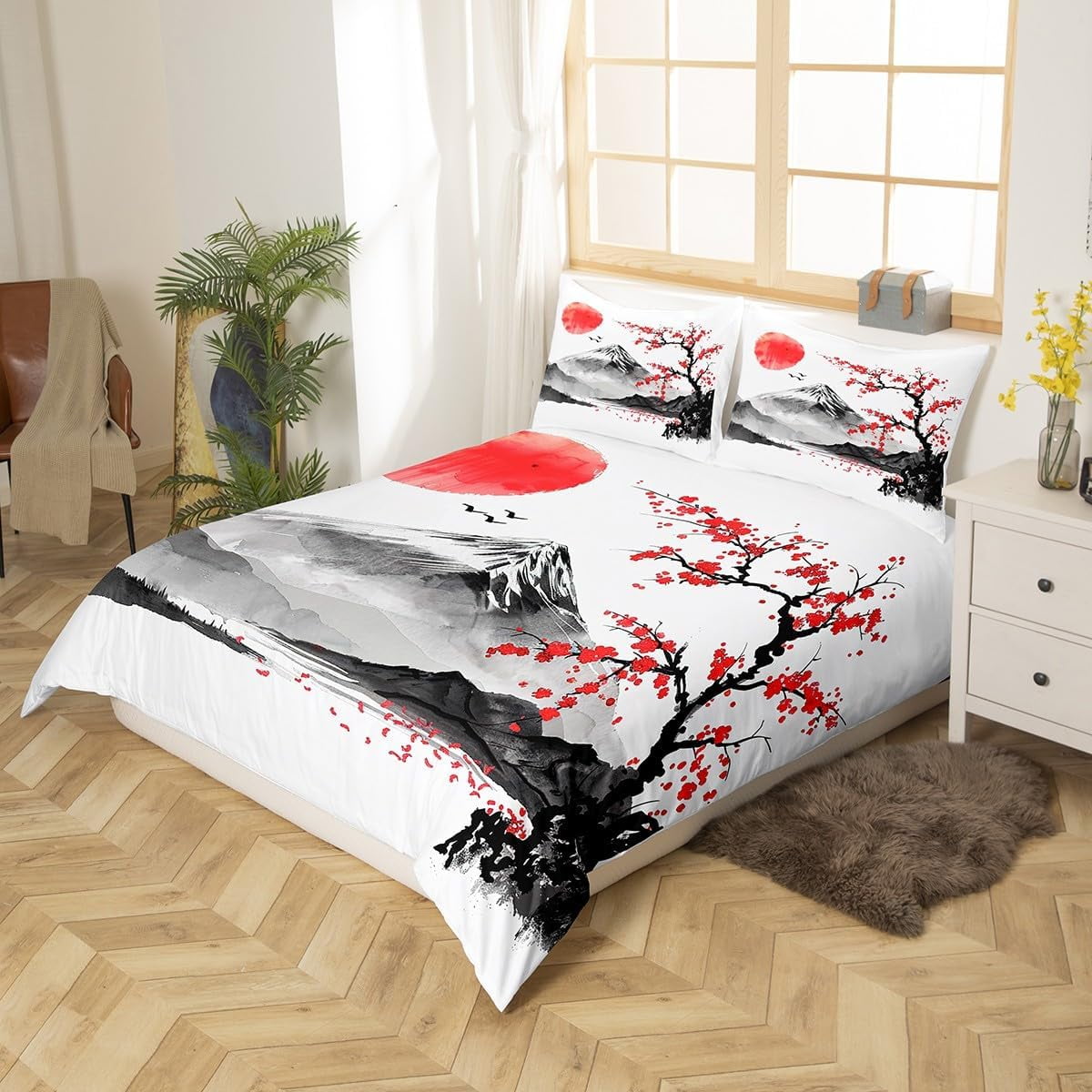 TRA-Cherry Blossom Duvet Cover Set For Girls Women Queen Size Chic Japanese Style Bedding Set ...
